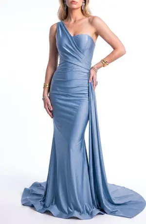 JESSICA ANGEL One-shoulder Draped Satin Mermaid Gown - Atlantic Blue