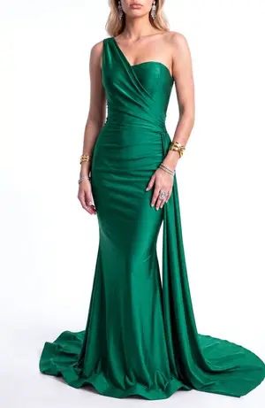 JESSICA ANGEL One-shoulder Draped Satin Mermaid Gown - Forest Green