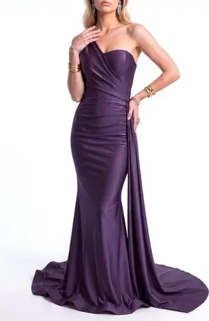 JESSICA ANGEL One-shoulder Draped Satin Mermaid Gown - Grape