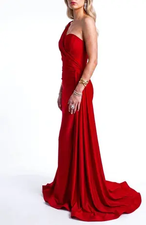 JESSICA ANGEL One-shoulder Draped Satin Mermaid Gown With Side Cascade - Red