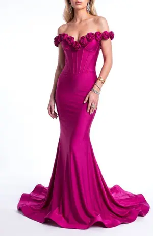 JESSICA ANGEL Rosette Corset Mermaid Gown - Magenta