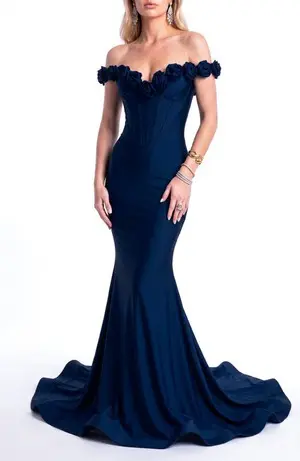 JESSICA ANGEL Rosette Off-shoulder Corset Mermaid Gown - Navy