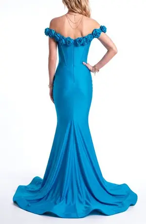 JESSICA ANGEL Rosette Off-shoulder Corset Mermaid Gown - Turquoise