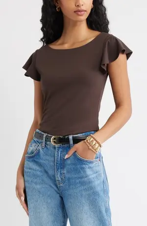 OPEN EDIT Flutter Sleeve Top - Brown Seal