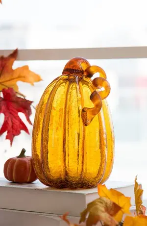 GLITZHOME Amber Crackle Tall Glass Pumpkin Decor
