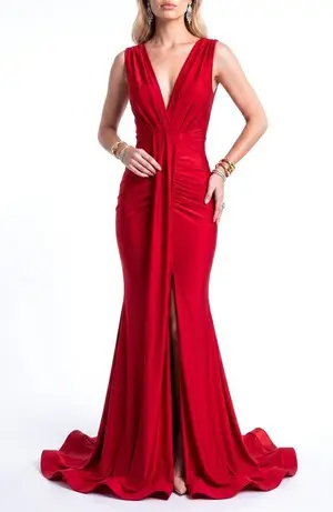 JESSICA ANGEL Plunging V-neck Draped Mermaid Gown - Red