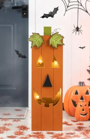 GLITZHOME Lighted Halloween Wooden Pumpkin Porch Decor With Timer