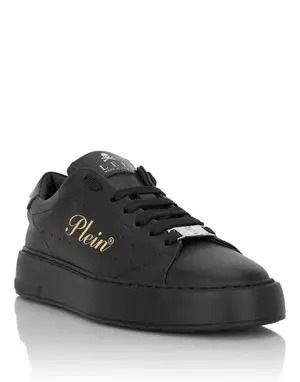 Philipp Plein Signature Low-top Leather Sneakers With Gold Tone Logo - Black/black