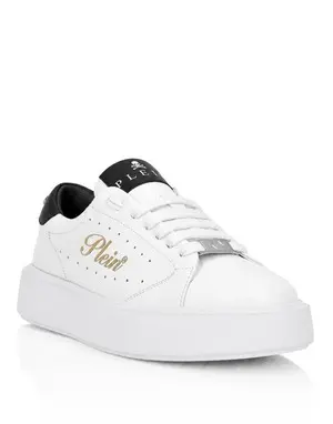 Philipp Plein Signature Low-top Leather Sneakers With Gold Tone Logo - White/black