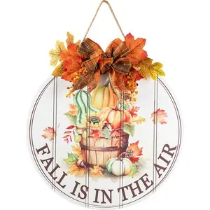 GLITZHOME Fall Wooden Round Word Sign Door Hanger