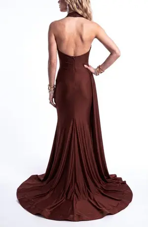 JESSICA ANGEL Ruched Halter Mermaid Gown With Side Drape And Slit - Brown