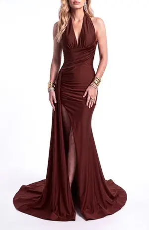 JESSICA ANGEL Ruched Halter Mermaid Gown With Side Drape And Slit - Brown