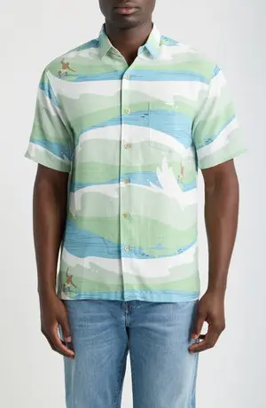 KAHALA Surf Jacquard Short Sleeve Button-up Shirt - Seafoam