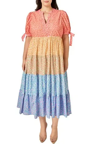English Factory Colorblock Printed Midi Dress - Multi