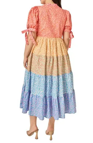 English Factory Colorblocked Floral Print Midi Dress