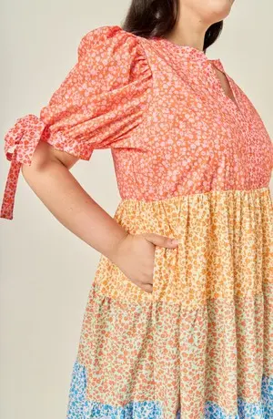 English Factory Colorblocked Floral Print Midi Dress