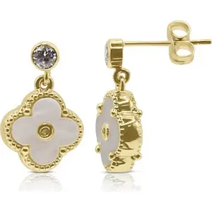 BOWOOD LANE Arden Mother Of Pearl Clover Dangle Earrings With Cubic Zirconia Studs - Ivory