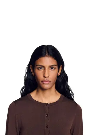 Sandro Sheer Knit Cropped Cardigan - Brown