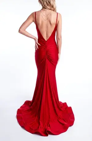 JESSICA ANGEL Cowl Neck Open Back Mermaid Gown - Red