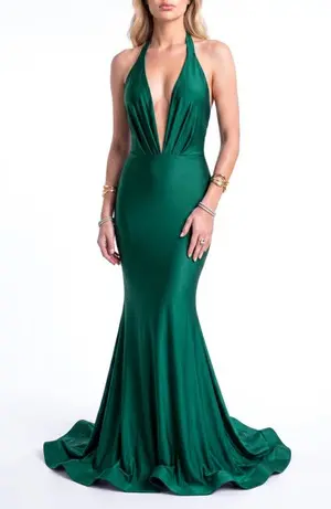 JESSICA ANGEL Plunging Halter Mermaid Gown - Forest Green