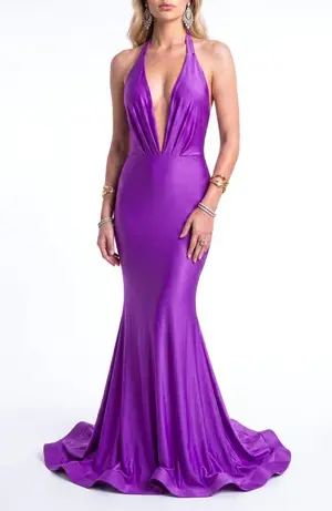 JESSICA ANGEL Plunging Halter Open-back Mermaid Gown With Train - Plum