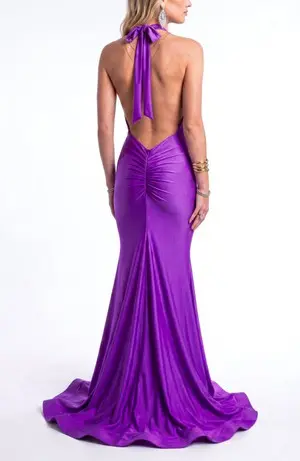 JESSICA ANGEL Plunging Halter Open-back Mermaid Gown With Train - Plum