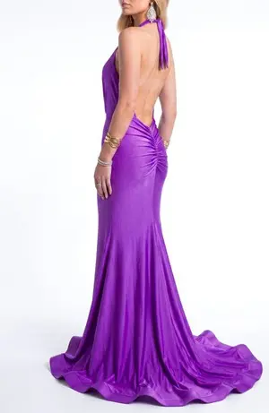 JESSICA ANGEL Plunging Halter Open-back Mermaid Gown With Train - Plum