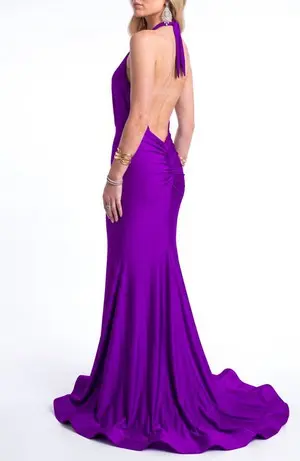 JESSICA ANGEL Plunging Halter Mermaid Gown - Plum
