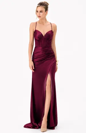 BARIANO Corset Maxi Gown With Plunging Neckline And Side Split - Chocolate