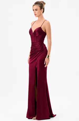 BARIANO Corset Maxi Gown With Plunging Neckline And Side Split - Chocolate