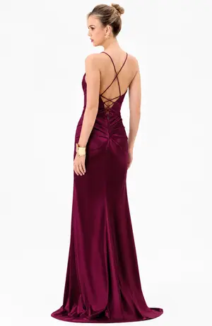 BARIANO Corset Maxi Gown With Plunging Neckline And Side Split - Chocolate