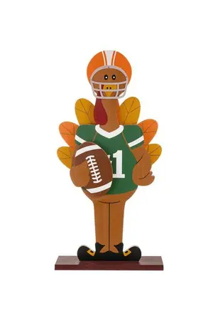 GLITZHOM 29.5"h Thanksgiving Wooden Football Turkey Porch Decor - Brown