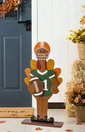 GLITZHOM 29.5"h Thanksgiving Wooden Football Turkey Porch Decor