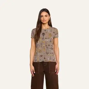 L'Agence Ressi Fitted T-shirt In Houndstooth Key Print - Brown Multi Houndstooth Key