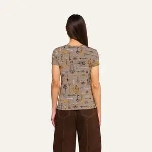 L'Agence Ressi Fitted T-shirt In Houndstooth Key Print - Brown Multi Houndstooth Key
