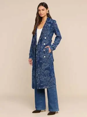 L'Agence Bradley Floral Jacquard Denim Trench Coat