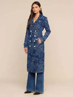 L'Agence Bradley Floral Jacquard Denim Trench Coat
