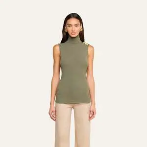 L'AGENCE Sleeveless Turtleneck With Gold Button Detail - Ash Olive/gold