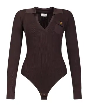 Elisabetta Franchi Ribbed Knit Bodysuit With Embroidered Lace Detail - Brown