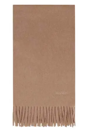 Max Mara Scilli Wool Scarf With Embroidered Logo And Fringed Hem, 25 X 208 Cm - Camel