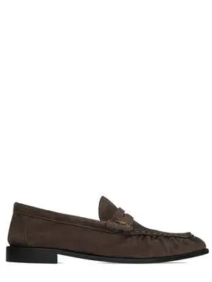 Saint Laurent Leather Flat Shoes With Cassandre Detail - Marrone
