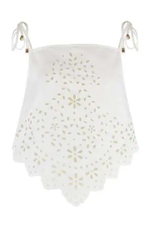 SELF-PORTRAIT Style Embroidered Cotton Mini Top With Tied Shoulder Straps - White