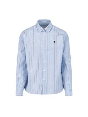 AMI Paris 100% Cotton Button-up Shirt With Mother-of-pearl Buttons - Blue