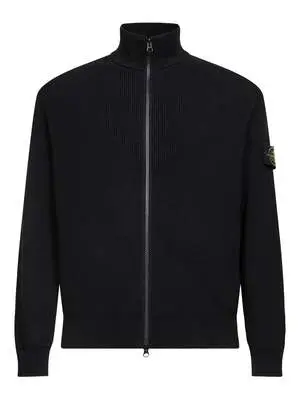 Stone Island Logo-patch Ribbed-knit Zip-front Cardigan - Black