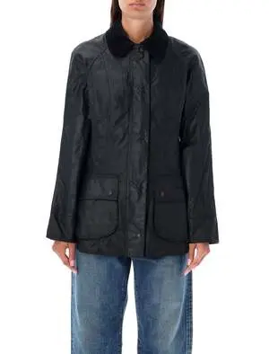 Barbour Beadnell Waxed Jacket With Corduroy Collar And Tartan Lining - Nero