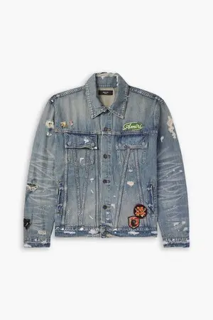 Amiri Vintage Pegasus Embellished Distressed Denim Trucker Jacket - Light Blue