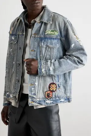 Amiri Vintage Pegasus Embellished Distressed Denim Trucker Jacket