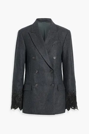 Brunello Cucinelli Doublebreasted Crochettrimmed Woolfelt Blazer - Charcoal