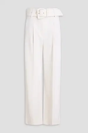 Brunello Cucinelli Belted Pleated Wool Straightleg Pants - Ivory