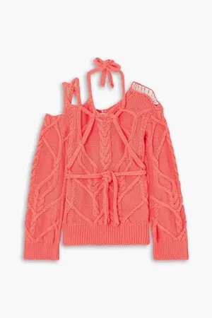Dries Van Noten Distressed Cableknit Cotton Sweater - Coral